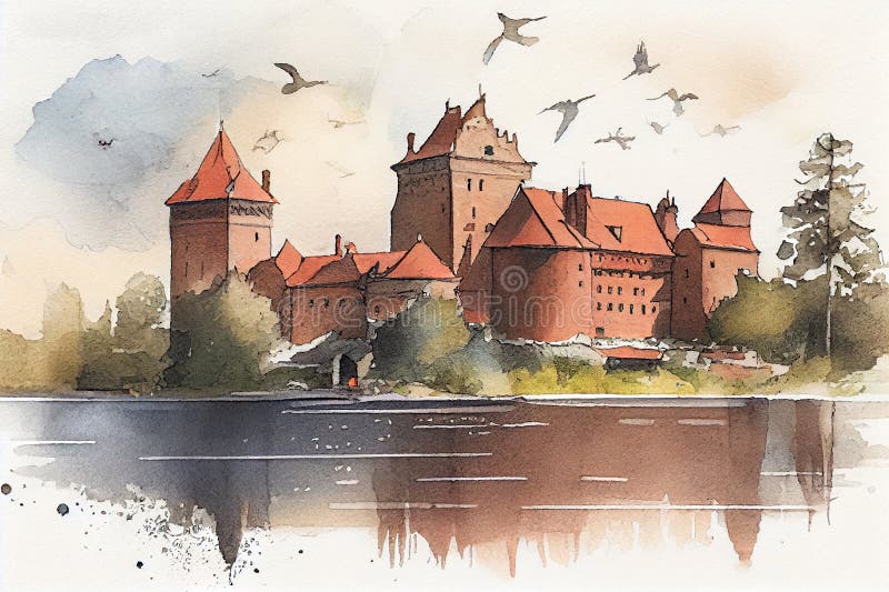 Trakai Castle Drawing with Bit of Watercolour Stock Illustration ...
