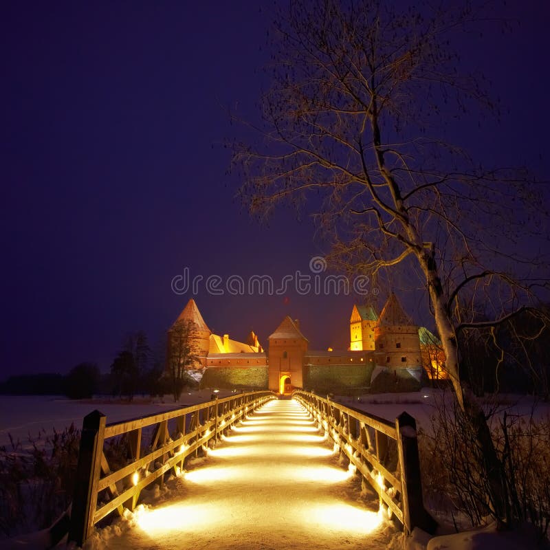 Trakai Island Castle in the Night in Winter. Stock Photo - Image of ...