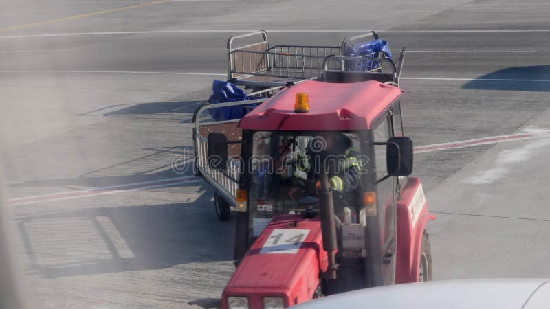 Airport Staff Putting Baggage on the Conveyor Belt of Airplane. Luggage ...