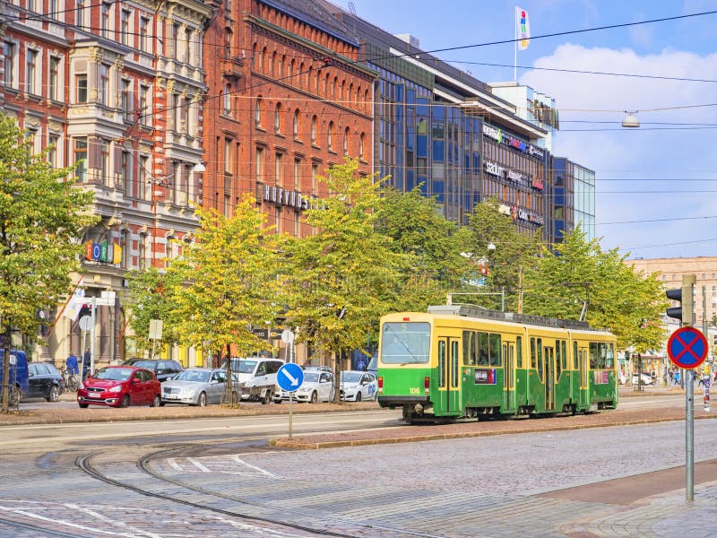 Tram in Central Helsinki, Finland. Editorial Photo - Image of green ...