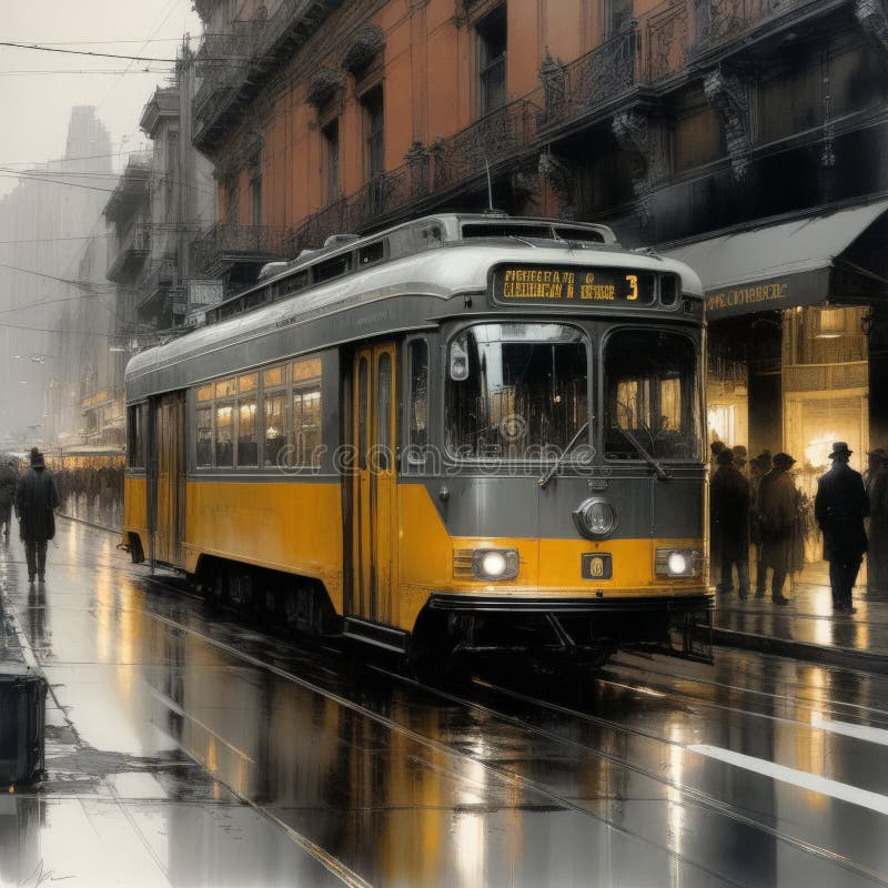 Tram in the city stock illustration. Illustration of downtown - 370860647