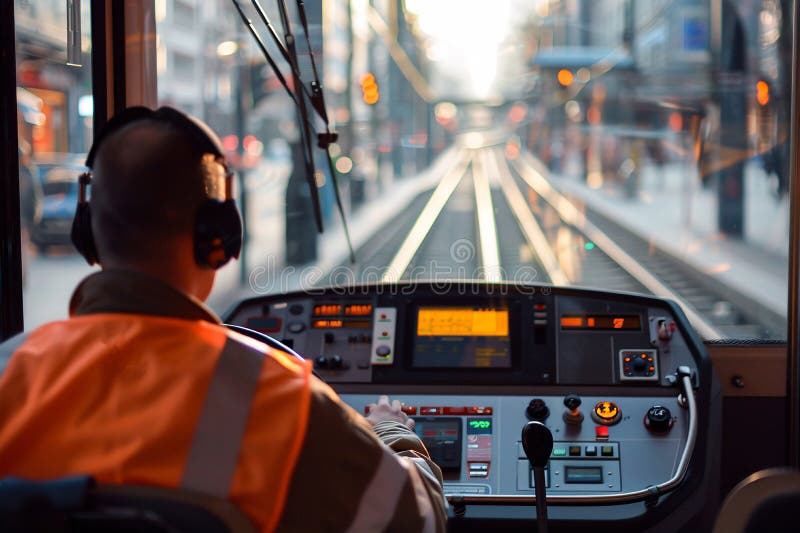 Tram Driver Navigating the City Tracks with a View through the ...