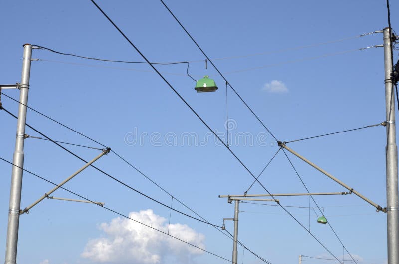 Tram Electric Wires on Poles Stock Photo - Image of blue, lamps: 211782124