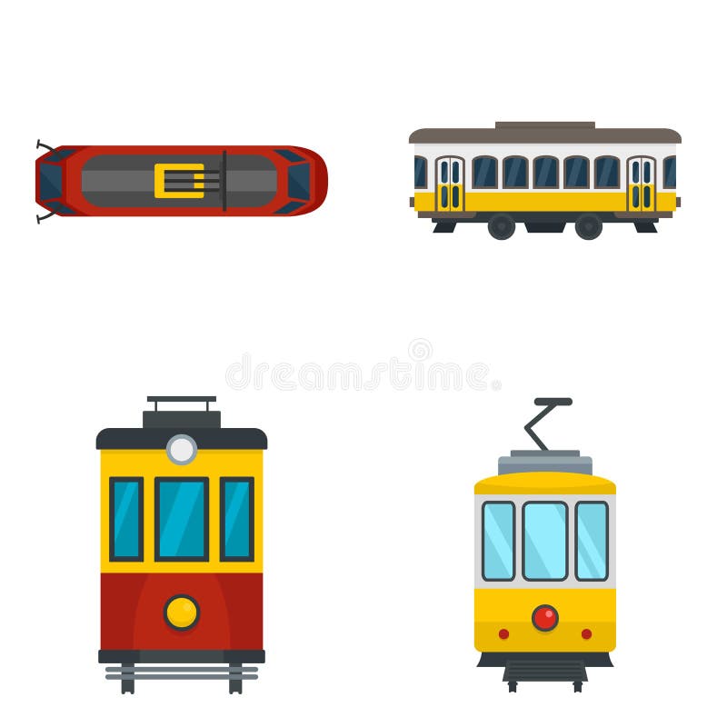 Tram icon set, flat style stock vector. Illustration of station - 157986759