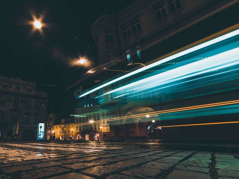 Tram in Motion on City Street at Night Stock Image - Image of modern ...