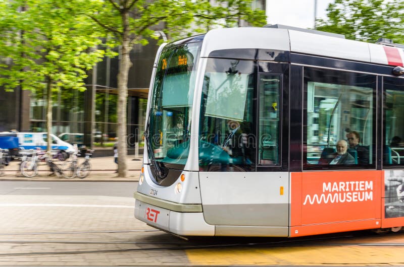 Tram in Motion in Rotterdam City Centre Editorial Stock Photo - Image ...