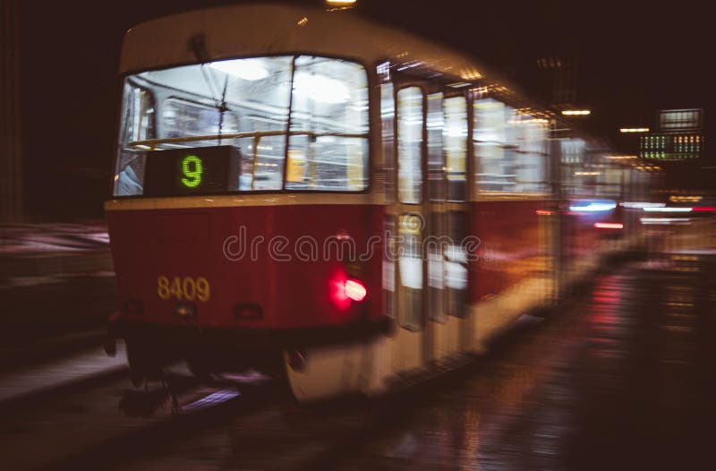 Tram at Night in Motion in Prague Editorial Photo - Image of town ...