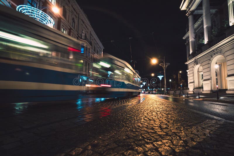 Blurred Tram on the Night Street of the City Stock Image - Image of ...