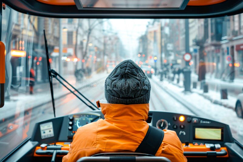Tram Operator Guiding through City Streets at Twilight, Control Panel ...