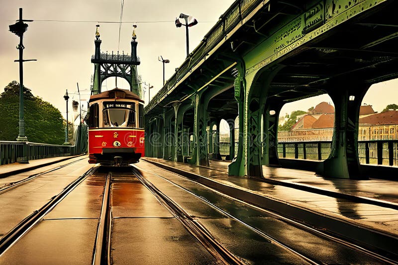 Tram Over Bridge Focus on the Trams Underca Stock Image - Image of ...