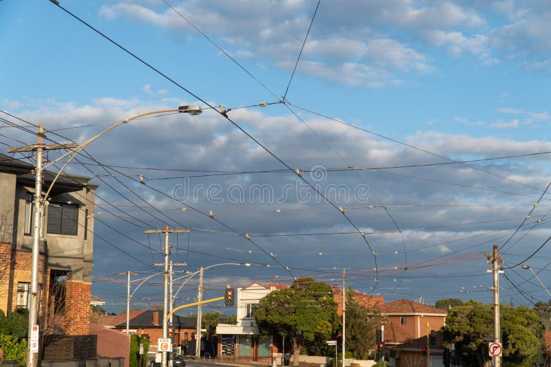 Tram Power Lines at an Intersection in the Suburbs of Melbourne Stock ...