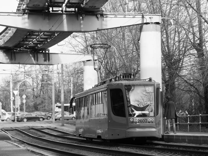 Tram on Rails Black and White Stock Image - Image of transport, tram ...