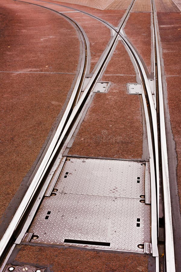 Tram Rails and Switch in Pavement of City Street Stock Image - Image of ...