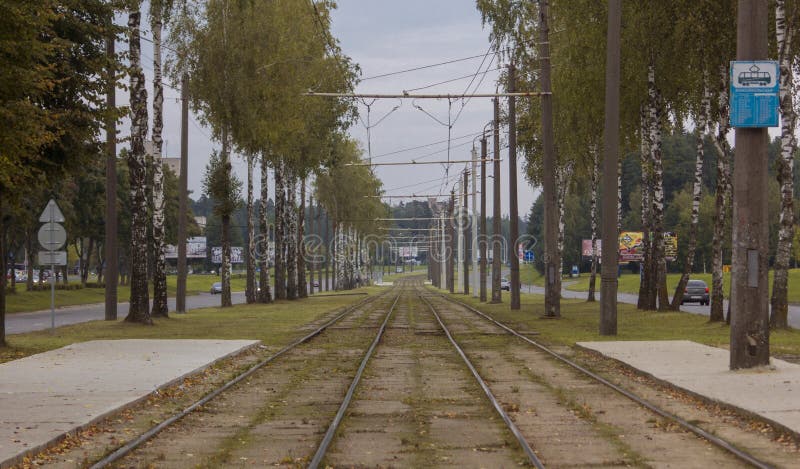 Tram Rails stock photo. Image of path, clouds, tram, sign - 99906728