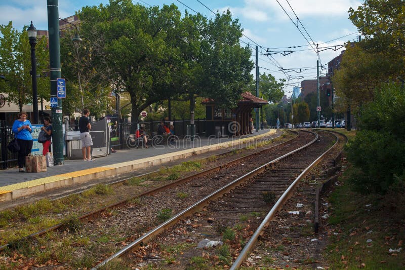 Tram Station with the Tracks and Electrical Wiring in Boston, MA ...