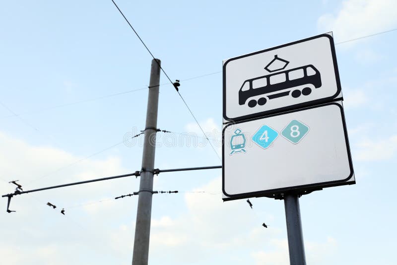Tram Stop Sign Against Blue Sky. Space for Text Stock Image - Image of ...