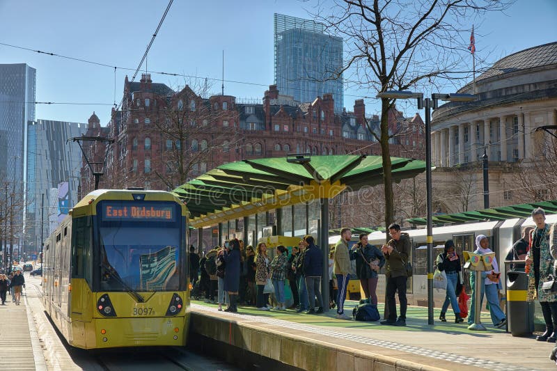 Tram Stop at St Peter`s Square, Deansgate, Manchester. Editorial ...