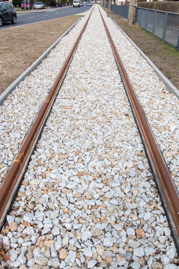Tram tracks in the city stock photo. Image of railway - 142641316