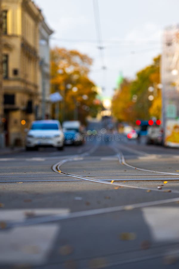 Tram Tracks in a Road Crossing in the City.. Stock Image - Image of ...