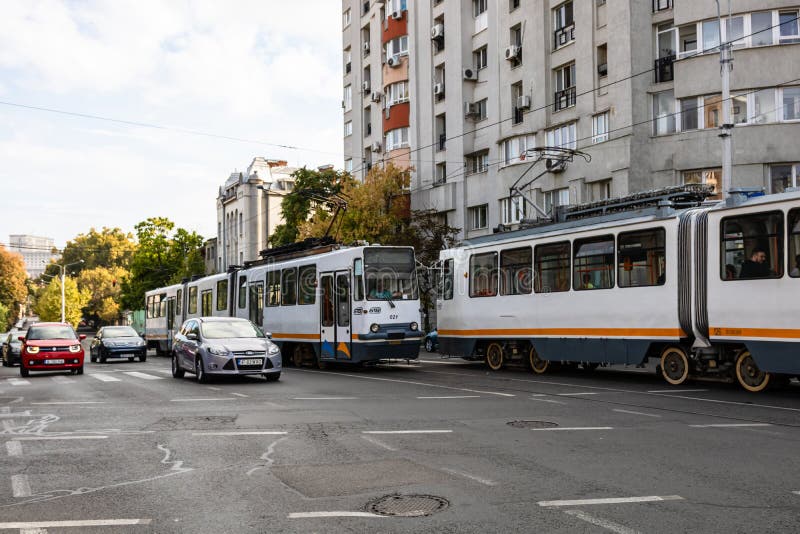 Tram in Traffic. Public Transport Bucharest, Romania, 2022 Editorial ...