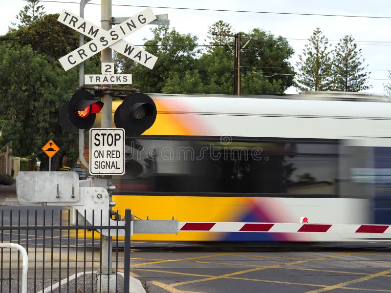 Tram Way Crossing Intersection with Passing Tram Stock Photo - Image of ...