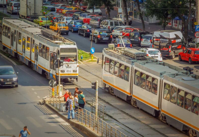 Trams in Bucharest editorial photography. Image of downtown - 77056522