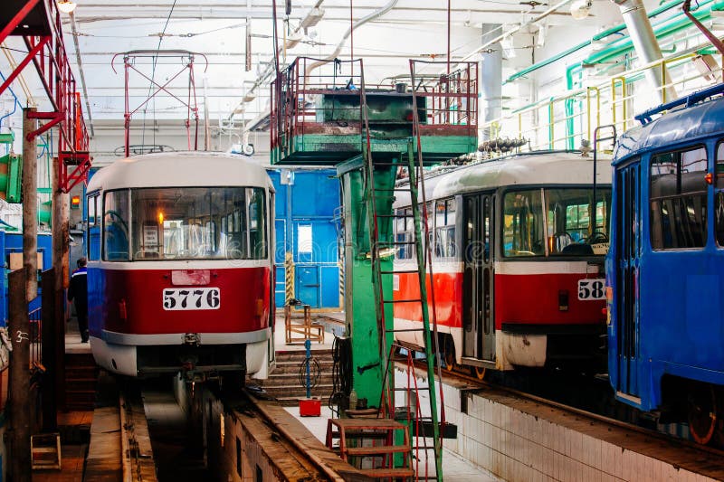 Trams in Service Depot. Maintenance and Repairing of Trams Editorial ...