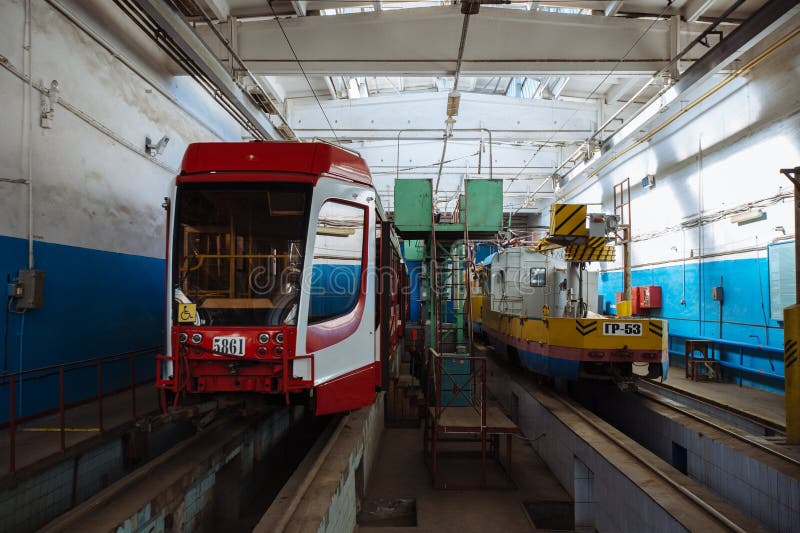 Trams in Service Depot. Maintenance and Repairing of Trams Editorial ...