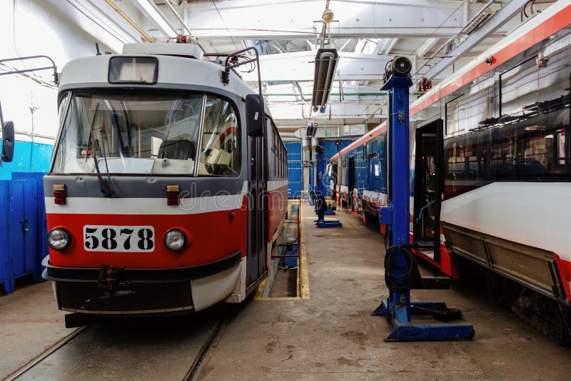 Trams in Service Depot. Maintenance and Repairing of Trams Editorial ...