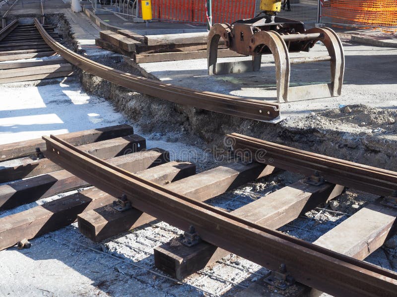 Tramway Rails among Grass Top View. Poznan, Poland Stock Photo - Image ...