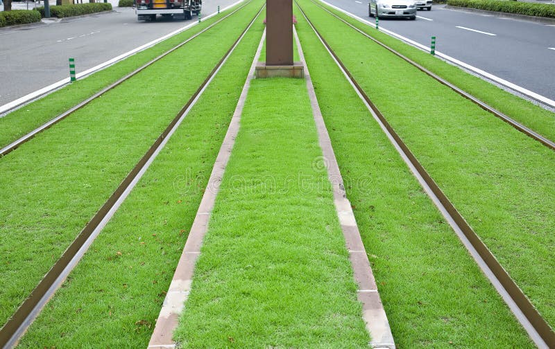 Tramway Tracks on Green Lawn Stock Image - Image of tramway, land: 58778281