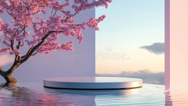 Tranquil Abstract Background with Cherry Blossom and Reflective Podium ...