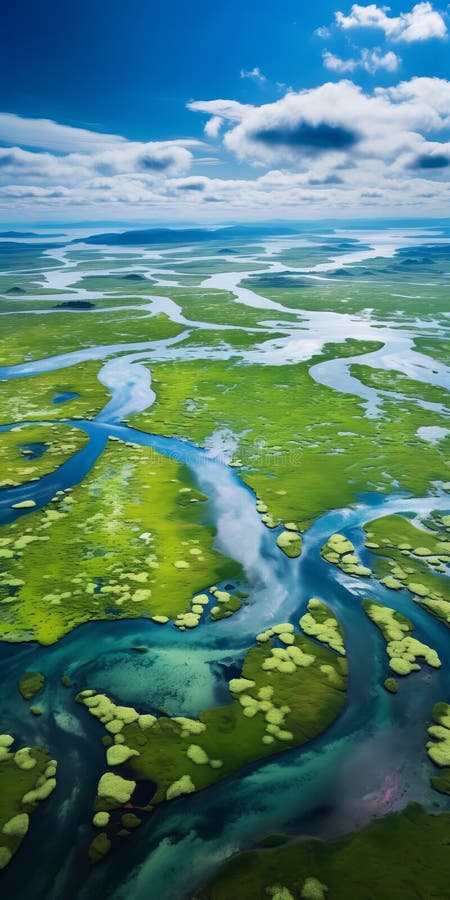 Tranquil Aerial View of Vibrant Marshlands and Wildflowers Stock ...