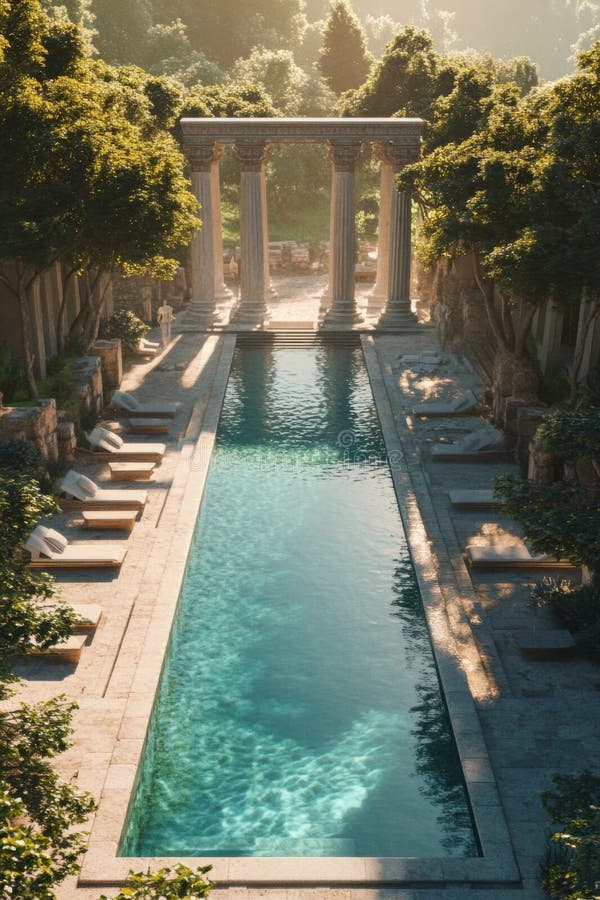 Tranquil Ancient Pool Surrounded by Lush Greenery and Stone Columns ...