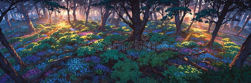Tranquil Anime Forest at Twilight with Soft Rays of Light Breaking ...