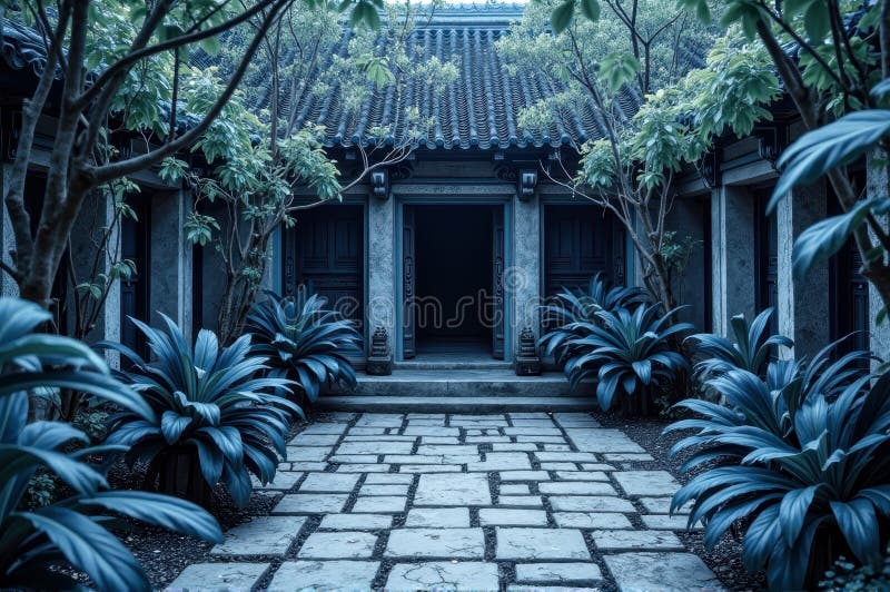 Tranquil Asian Courtyard with Traditional Architecture and Lush Foliage ...