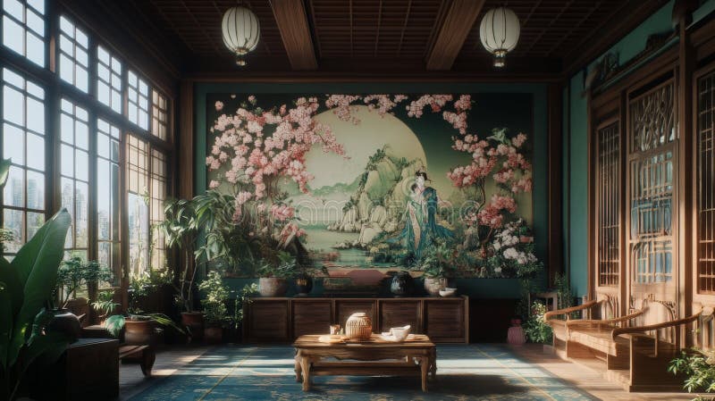 Tranquil Asian Interior with Mural and Cherry Blossom Decor in Sunlit ...