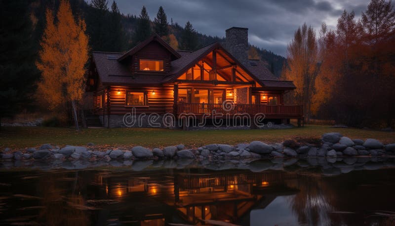 Tranquil Autumn Dusk, Illuminated Log Cabin Reflects on Tranquil Pond ...