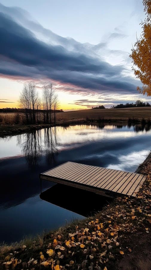 Tranquil Autumn Evening at a Lakeside Dock with Reflective Sunset Sky ...