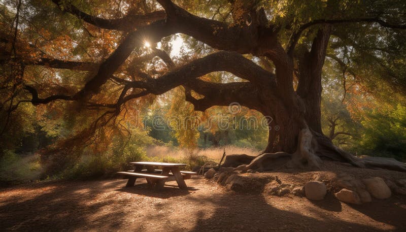 Tranquil Autumn Forest Bench, Leaves Falling Softly Generated by AI ...