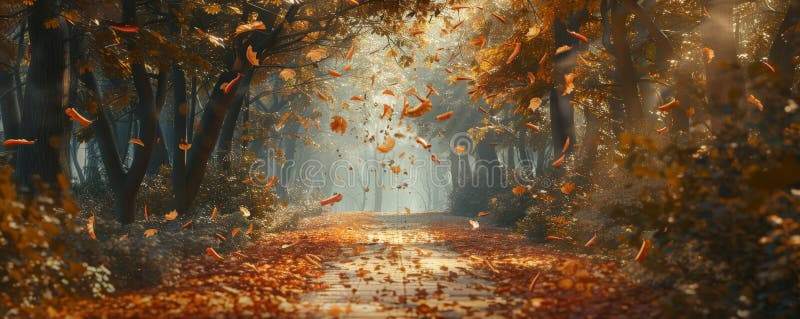 A Tranquil Autumn Forest Path Background with Falling Leaves, Dappled ...