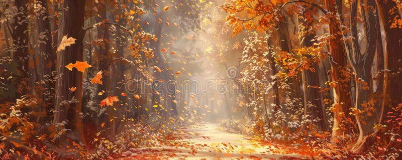 A Tranquil Autumn Forest Path Background with Falling Leaves, Dappled ...