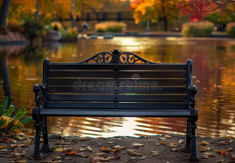 Tranquil Autumn Park Bench by the Lake Stock Illustration ...