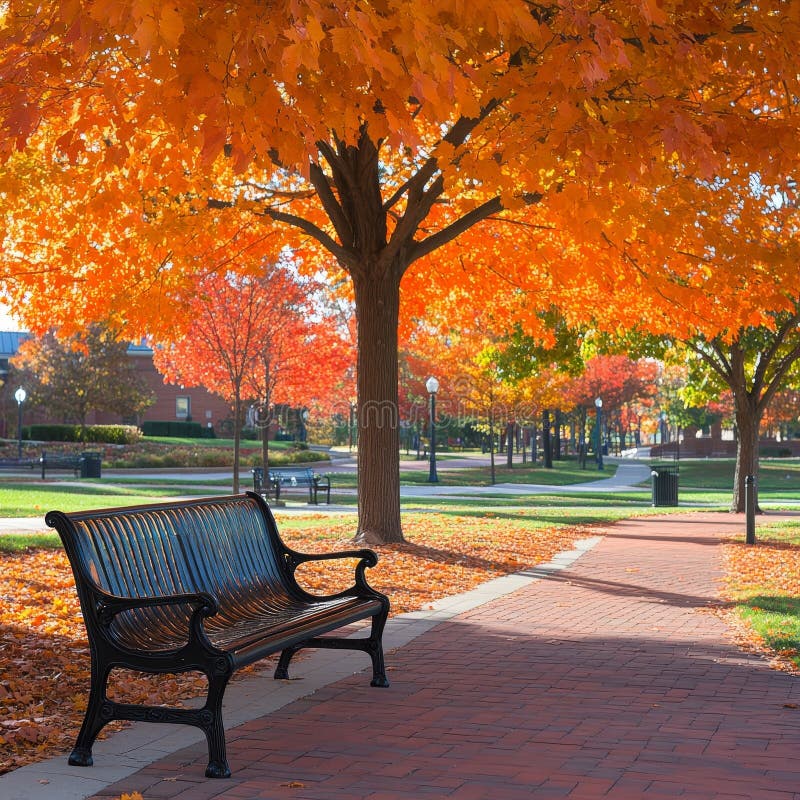Tranquil Autumn Park Scene with Vibrant Orange Foliage and Empty Bench ...