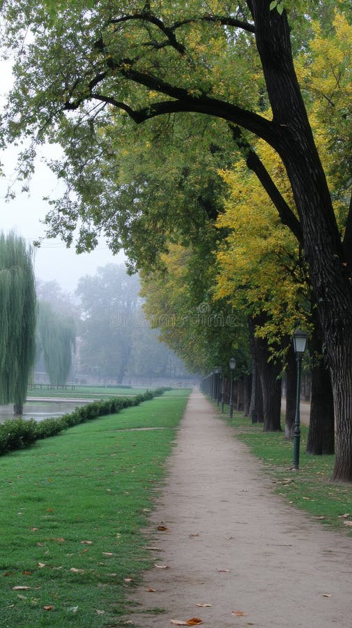 Misty Autumn Pathway Fallen Leaves Lampposts Stock Photos - Free ...