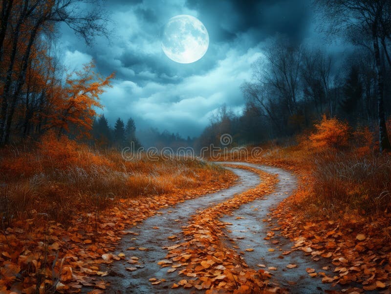 Tranquil Autumn Pathway Under Bright Full Moon with Dramatic Cloudy Sky ...