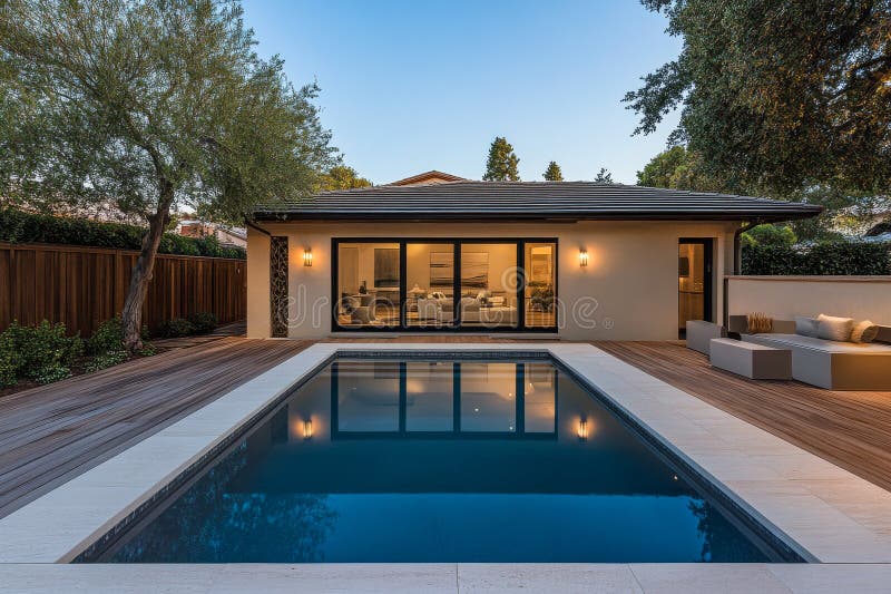 Modern Backyard with a Serene Swimming Pool and Cozy Outdoor Seating at ...