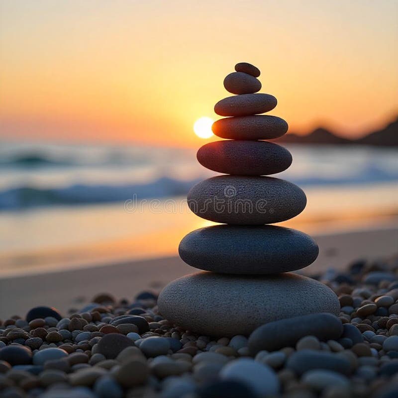 Tranquil Balance: a Stack of Stones at Sunset Stock Illustration ...