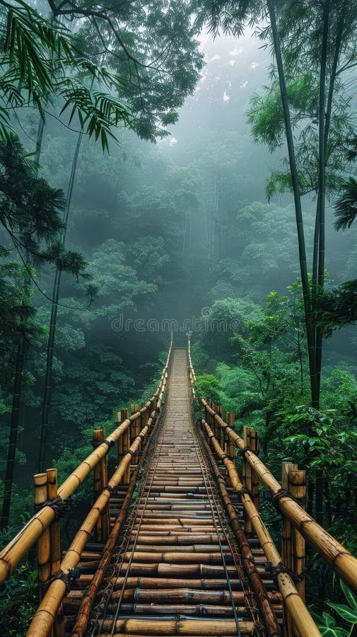 A Serene Bamboo Bridge Weaves through a Misty Forest of Towering Trees ...