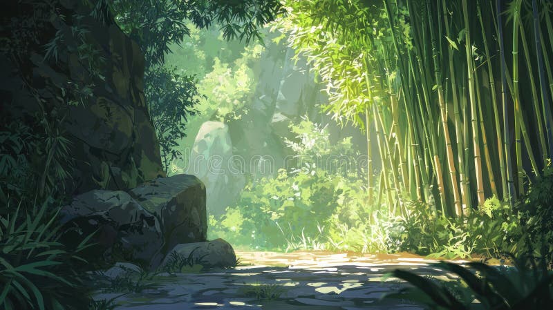 Tranquil Bamboo Forest Path Sunlight Filtering through Leaves Nature ...
